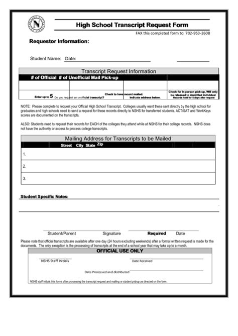 High School Transcript Request Form Printable Pdf Download