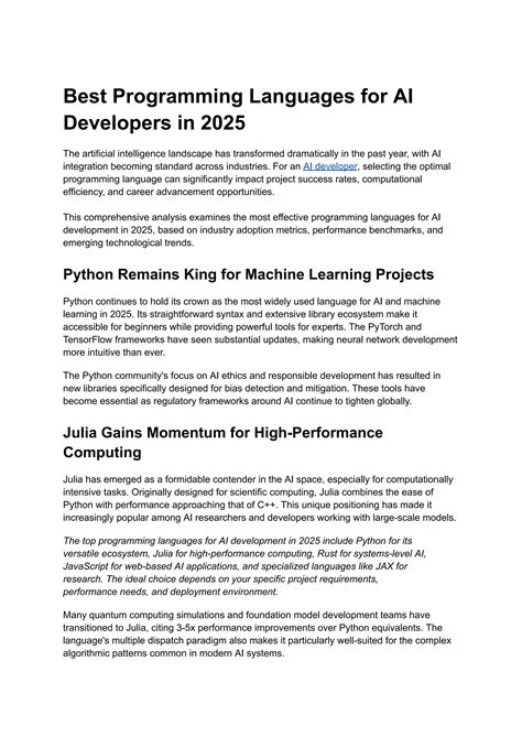 Best Programming Languages For Ai Developers In 2025 Pdf
