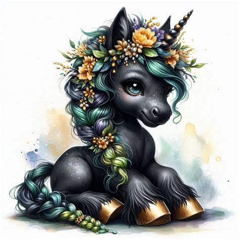 15 Watercolor Black Unicorns In Emerald And Gold Tones Black Unicorn