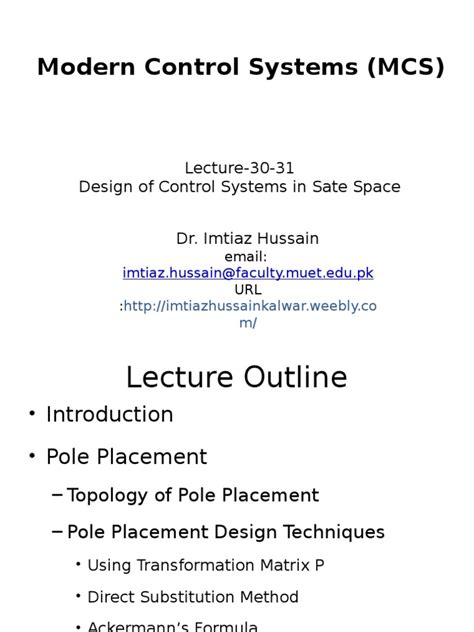 Modern Control Systems Mcs Lecture 30 31 Design Of Control Systems