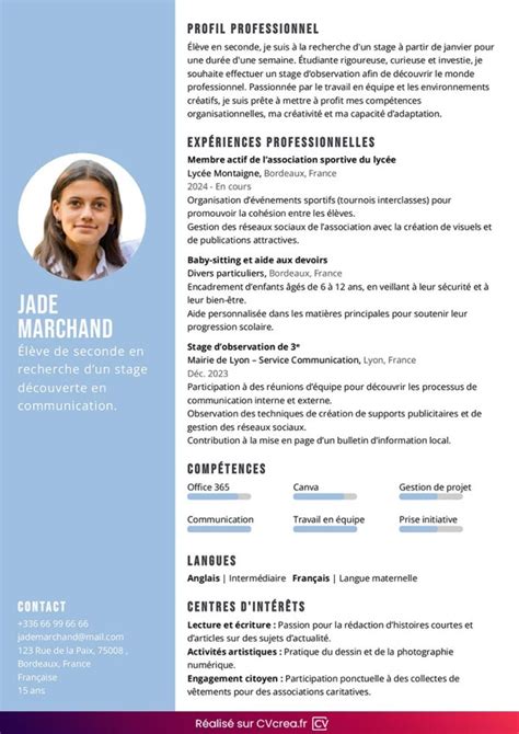 Cv Stage Seconde Exemple Et Conseils Cvcrea