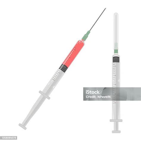 얇은 플라스틱 의료 주사기 두 개 빨간 약물과 빈 인슐린 주사기 주사 및 예방 접종을위한 의료 장비 흰색 배경의 벡터 그림 주사기에 대한 스톡 벡터 아트 및 기타 이미지