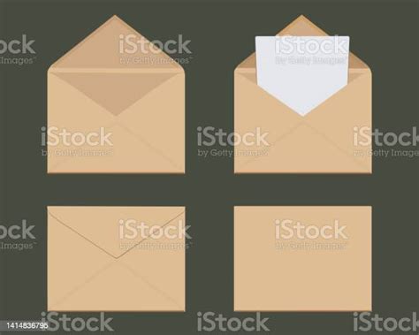 흰색 배경에 네 개의 닫히고 열린 밝은 갈색 봉투 세트 복사 공간이 있는 빈 용지입니다 격리 된 객체 모형 레이아웃 일러스트 레이 션 및 벡터 이미지 공간을 복사합니다 0