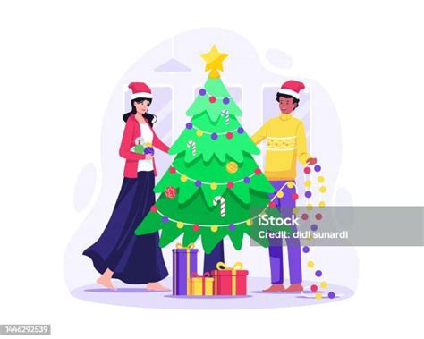 사람들은 선물과 크리스마스 장식으로 크리스마스와 새해를 축하합니다 메리 크리스마스와 새해 복 많이 받으세요 플랫 스타일의 벡터 그림입니다 플랫 스타일의 벡터 그림 12월에