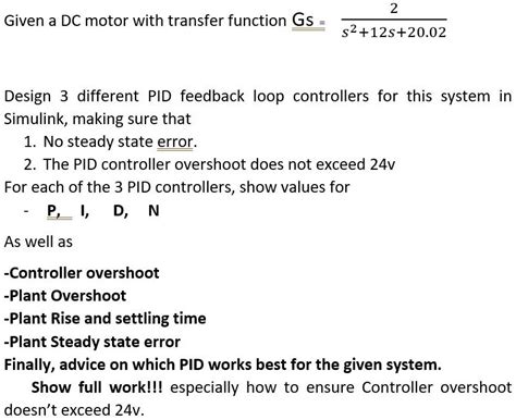solved given a dc motor with transfer function g s s 2 125s 20