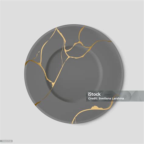 금색 긴츠기가 있는 회색 접시 균열 및 깨진 효과 깨진 세라믹의 복원 대리석 질감입니다 현대 벡터 그림입니다 일본의 수리 예술 가정 장식 요소 1위에 대한 스톡 벡터 아트