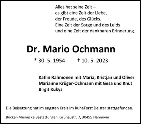 Traueranzeigen Von Mario Ochmann Trauer Anzeigen De