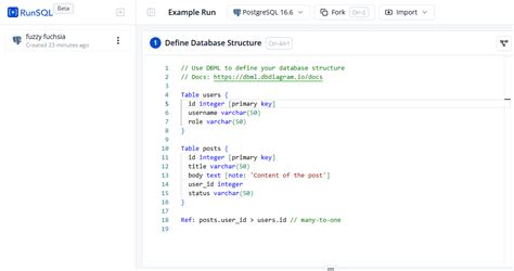 database structure moves to runsql tool from dbdiagram runsql button