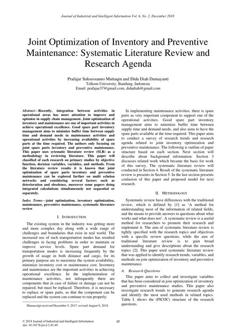 Pdf Joint Optimization Of Inventory And Preventive Maintenance Systematic Literature Review