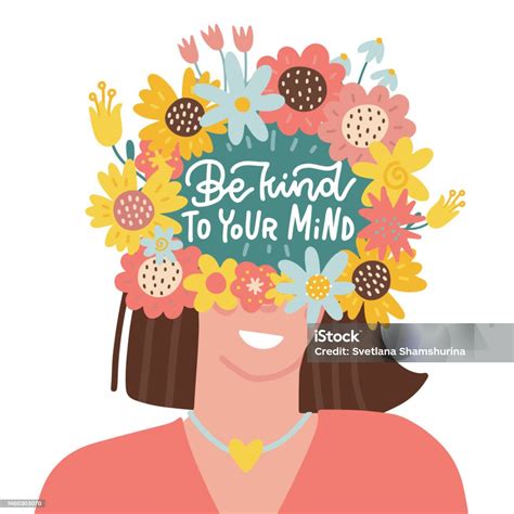 당신의 마음에 친절하십시오 정신 건강 레터링 포스터 심리학 개념 꽃이있는 여성 머리 긍정적 인 사고 좋은면을 찾고 자신을 돌 봅니다 플랫 벡터 일러스트 레이 션 꽃 식물에