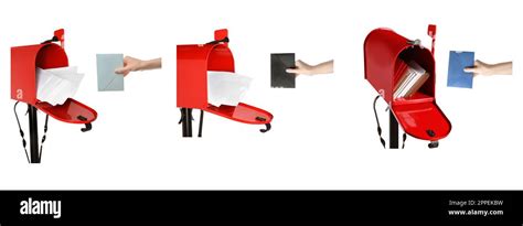 Collage With Photos Of Women Putting Envelope In Red Letter Box On White Background Stock Photo