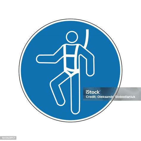 높은 곳에서 안전 장비의 표시 필수 기호입니다 둥근 파란색 기호입니다 벨트를 묶습니다 등반 장비로만 높은 곳에서 작업하십시오 높은 곳에서 안전 규칙을 따르십시오 안전 벨트