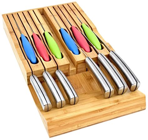 In Drawer Bamboo Knife Block Drawer Organizer Holder Fit For 12 Knives And One Sharpening Steel