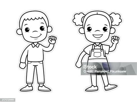 ภาพประกอบเวกเตอร์ของเด็กชายและเด็กหญิงยกมือภาพประกอบการ์ตูน ภาพประกอบสต็อก ดาวน์โหลดรูปภาพ