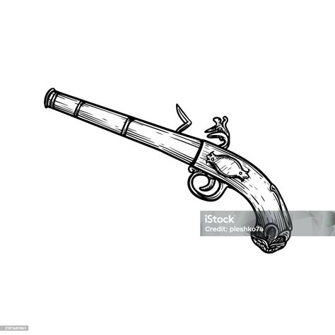 나무 손잡이가 있는 손으로 그린 머스킷 권총 복고풍 스케치 스타일의 부싯돌 총 문신 및 해적 디자인에 가장 적합합니다 벡터