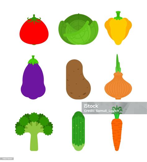 야채 세트입니다 만화 야채 토마토와 양배추 피망과 가지 감자 양파 브로콜리 오이와 당근 벡터 일러스트레이션 가지 채소에 대한 스톡 벡터 아트 및 기타 이미지 Istock