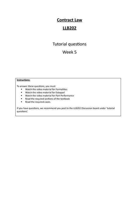 2022 Llb202 Week 5 Tutorial Questions Contract Law Llb Tutorial Questions Week 5 Instructions