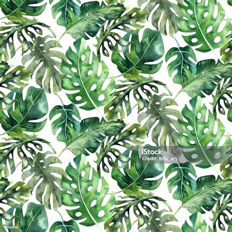 열 대의 원활한 수채화 패턴 나뭇잎 알로하 정글 장식 손으로 그린 팜 리프 트로픽 여름 시간 배경 종이 섬유 또는 벽지 디자인