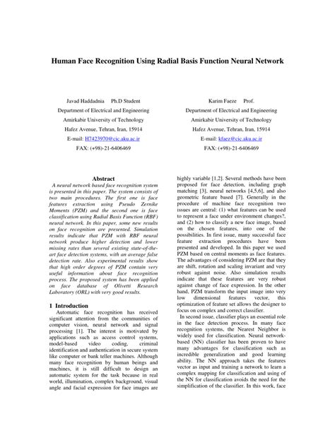 Pdf Human Face Recognition Using Radial Basis Function Neural Network