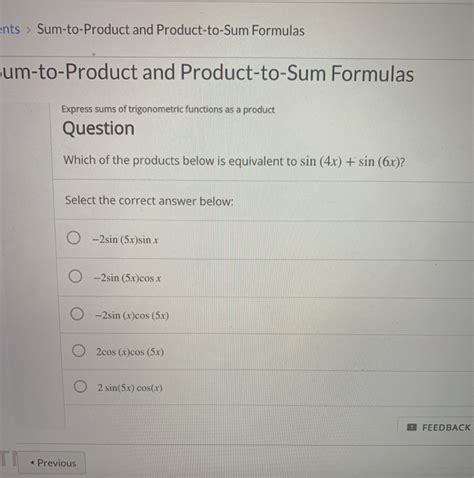 Solved Ents Sum To Product And Product To Sum Formulas Chegg Com