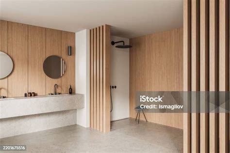 나무 패널과 현대적인 설비로 꾸며진 미니멀한 욕실 인테리어 3d 렌더링 0명에 대한 스톡 사진 및 기타 이미지 0명 3차원 형태 가정 생활 Istock