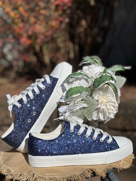 Navy Blue Wedding Sneakers For Bride Sparkle Navy Blue Glitter