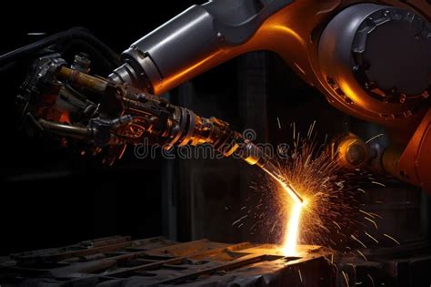 Close Up Of A Robotic Arm Performing Spot Welding On A Metal Frame