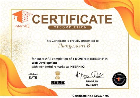 Completed Web Development Course With Interniq Thangeswari