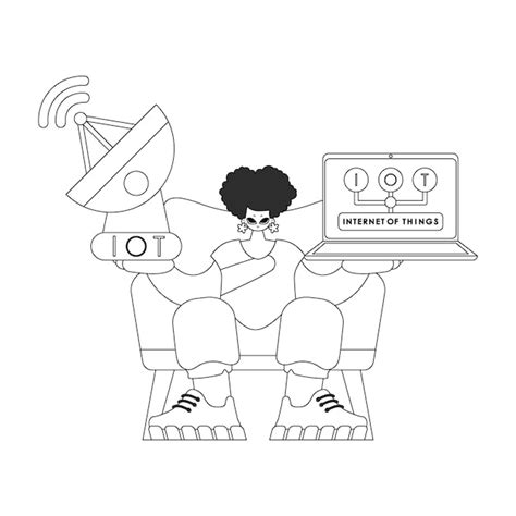 Premium Vector Woman Working On Internet Of Things Data Via Laptop And Antenna Linear Vector Style