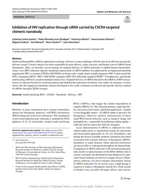 Inhibition Of Hiv Replication Through Sirna Carried By Cxcr4 Targeted Chimeric Nanobody