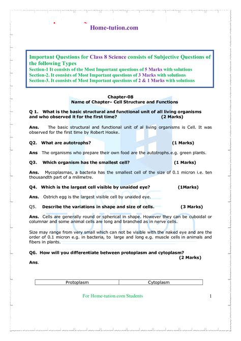 Important Questions For Cbse Class 8 Science Chapter 8 Cell Structure