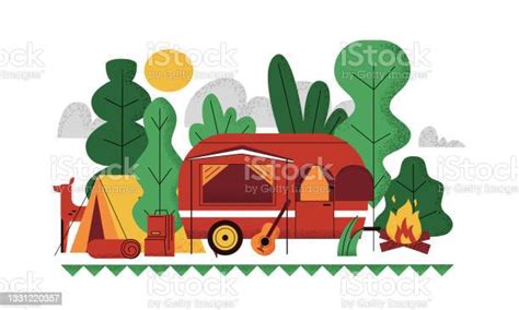야외 캠프 배경 캐러밴 텐트와 낙서 피크닉 여름 장면 관광 자동차 밴 숲이나 모닥불 캠핑 휴가 자연 경관 벡터 활성 여행 일러스트레이션 삼림에 대한 스톡 벡터 아트 및 기타