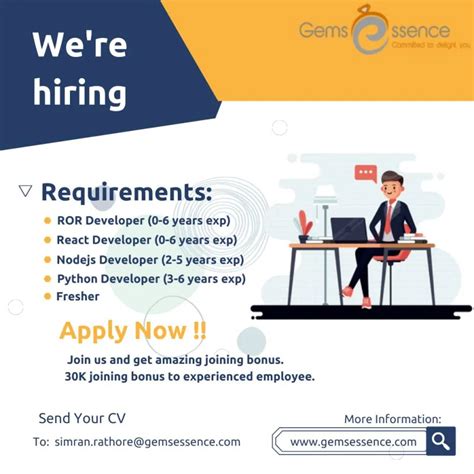 Gems Essence Is Hiring Ror Reactjs Nodejs Python And Freshers Indore