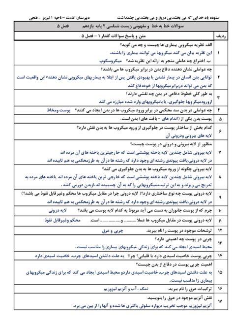 بانک سوالات خط به خط و مفهومی زیست شناسی 2 یازدهم دبیرستان امامت فصل 5 ایمنی گاما