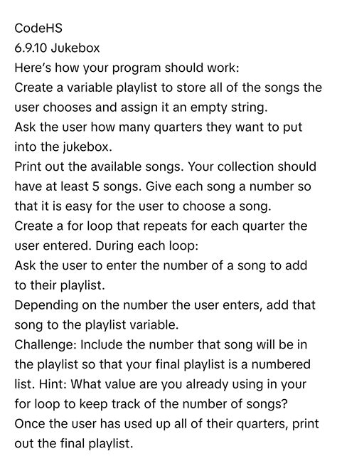 Solved Codehs 6910 Jukebox Heres How Your Program Should Work Create A Variable Playlist To