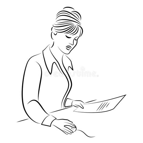 Girl Works With Documents Lady Holds Computer Mouse In Her Hands Graphic Picture Stock Vector