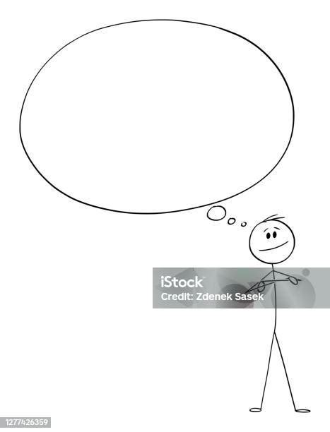 크고 큰 빈 생각 거품이나 풍선으로 생각 미소 자신감 남자 또는 사업가의 벡터 만화 그림 사색에 대한 스톡 벡터 아트 및 기타 이미지 사색 스틱피겨 가공의 인물