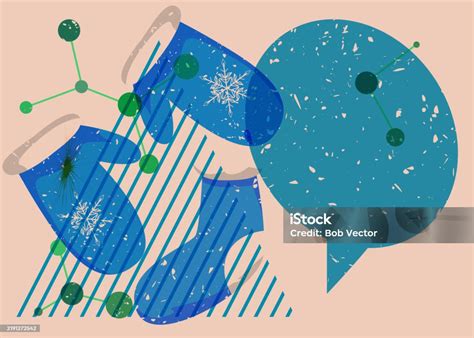 Risograph 벙어리 장갑 장갑과 기하학적 모양의 말풍선이 있는 크리스마스 스타킹 트렌디한 Riso 그래프 인쇄 질감 스타일의 개체와 기하학적 요소가 있는 디자인 0명에