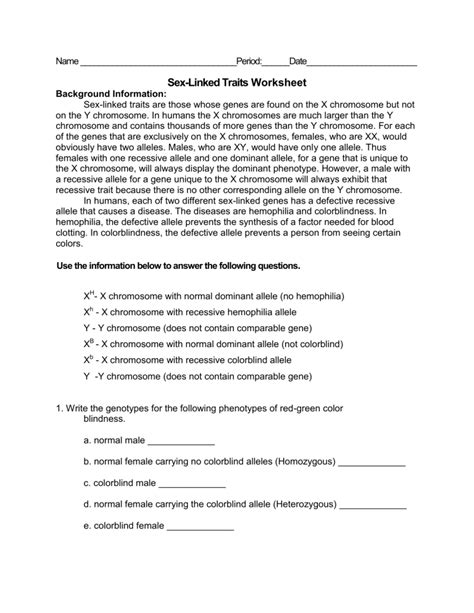 Sex Linked Traits Worksheet Hemophilia Colorblindness