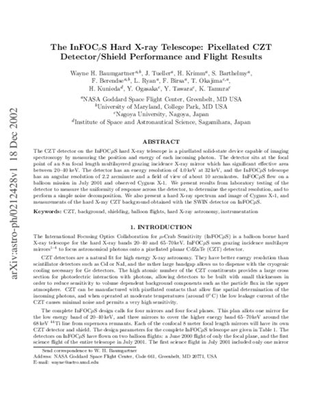 Pdf Infocus Hard X Ray Telescope Pixellated Czt Detector Shield Performance And Flight Results