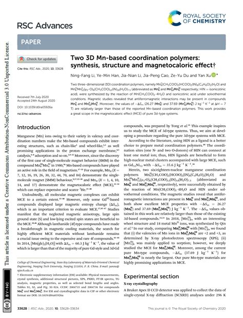 Pdf Two 3d Mn Based Coordination Polymers Synthesis Structure And Magnetocaloric Effect