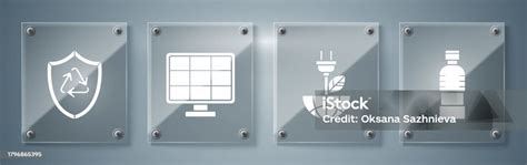 물병을 세트 잎에 전기 절약 플러그 태양 에너지 패널 및 방패 내부의 재활용 기호 정사각형 유리 패널 벡터 0명에 대한 스톡 벡터 아트 및 기타 이미지 Istock