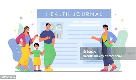 건강 저널 개념입니다 의사가 가족과 상의한다 환자 건강에 대한 인포그래픽 및 통계 진단과 치료 의학 만화 벡터 일러스트 레이 션