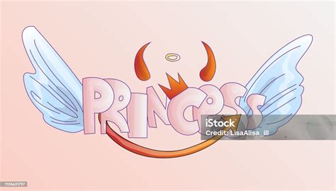 왕관과 함께 귀여운 단어 공주 악마의 뿔과 꼬리와 천사는 파스텔 핑크 배경에 날개 공주 왕관과 나쁜 여자 독립적 인 장난 꾸 러 기 소녀 불 순종 소녀 개념 나쁜 공주 0