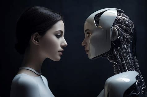 Premium Ai Image Woman And Robot Interaction On Black Background Lady Starring At Futuristic