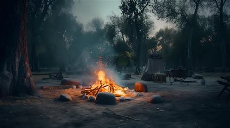 Premium Photo A Campfire In A Dark Forest With A Campfire In The