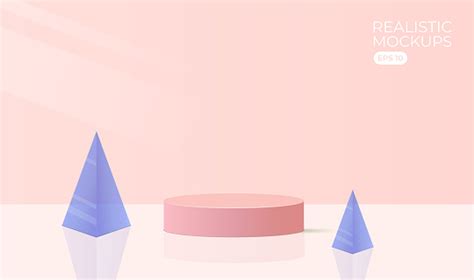 유리 물체가 있는 3d 사실적인 연단 파스텔 핑크 색상의 3d 실린더 받침대 연단 벡터 일러스트 레이 션 0명에 대한 스톡 벡터