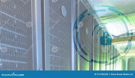 image of padlock in loading circles over data server racks in server