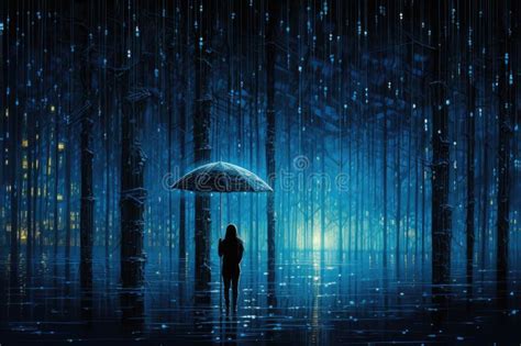 Conceptual Image Of Young Woman Standing In Rain Forest With Umbrella