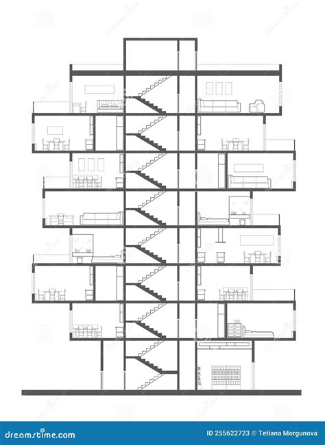 Linear Section Plane Multistory Appartment Building With Furniture Stock Vector Illustration